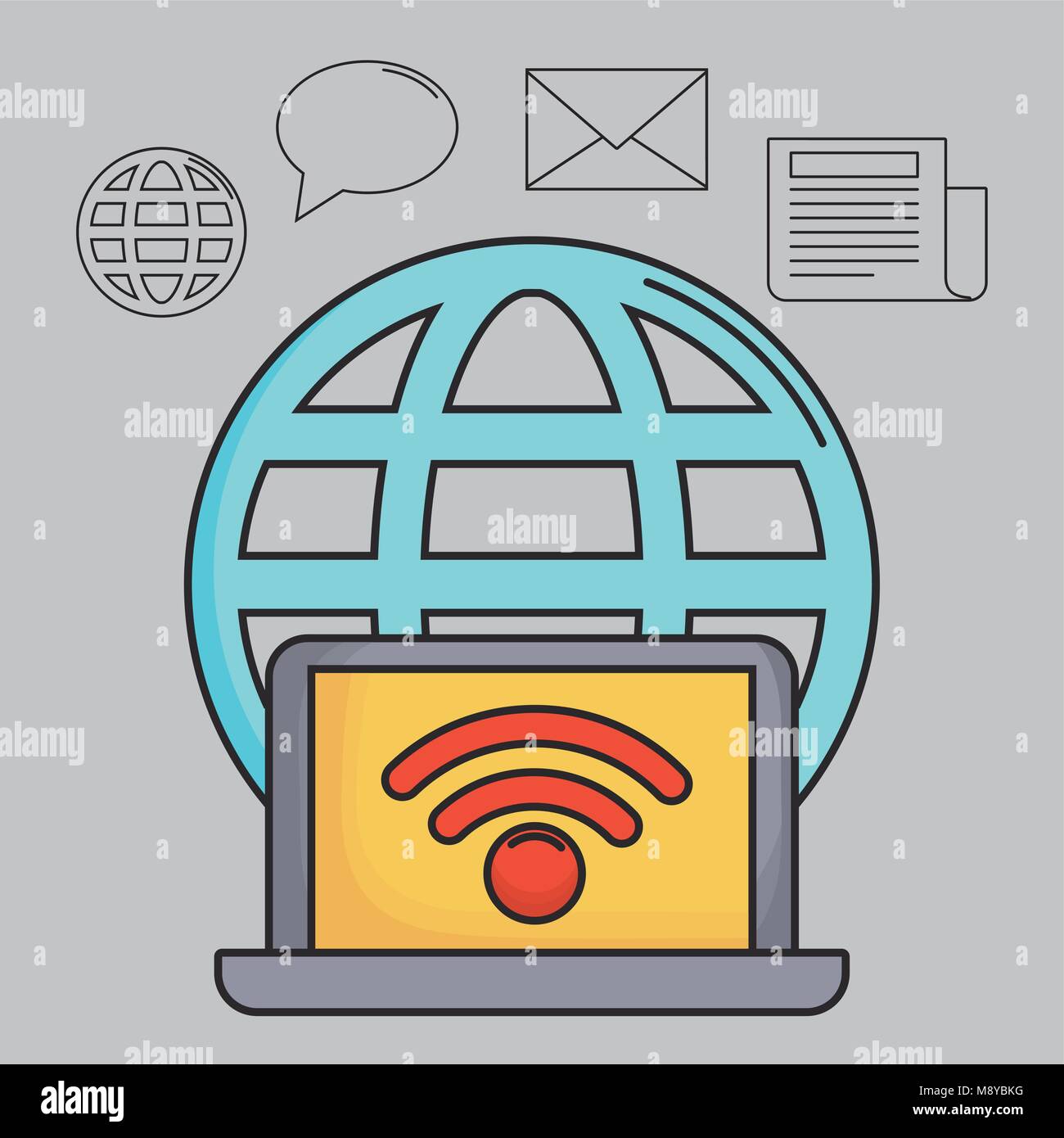 global sphere with communication related icons around over gray ...