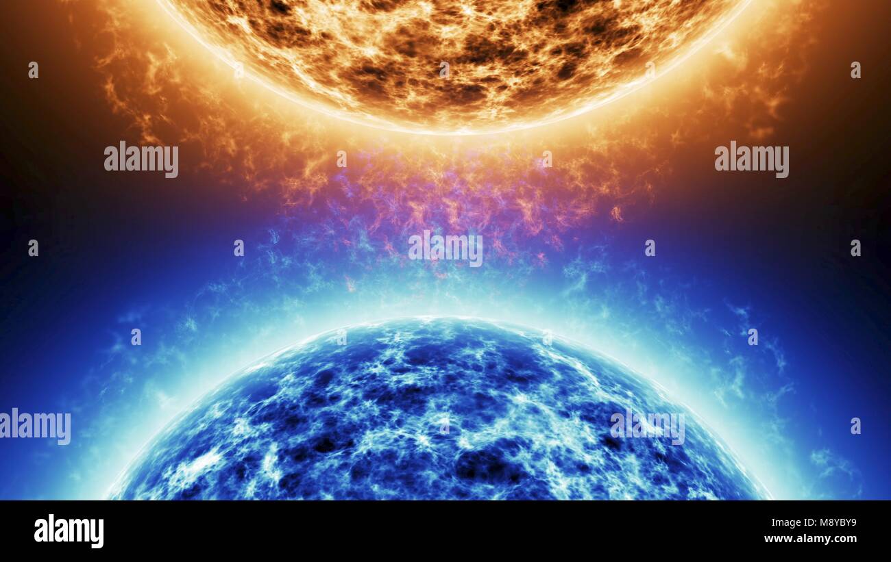 Blue star Vs Red star. Red Sun surface with solar flares against Blue ...