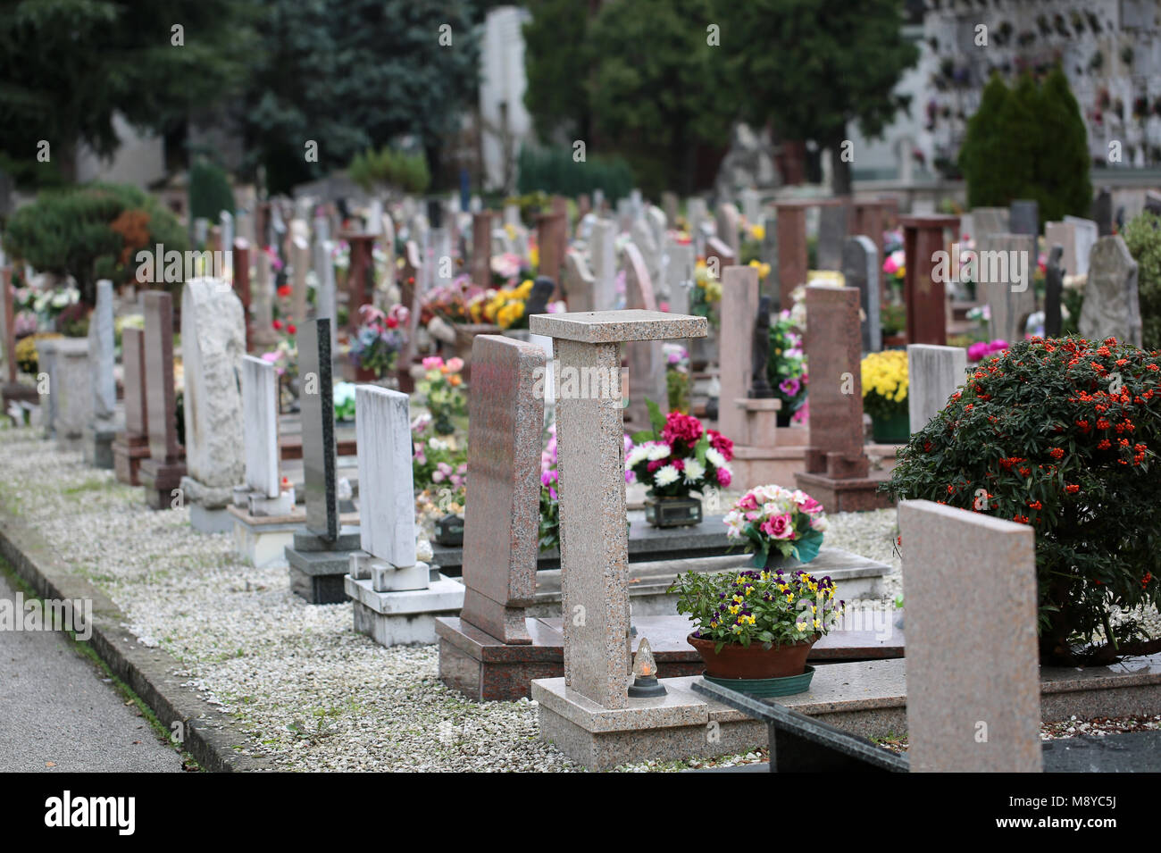 inside a cemetery with many tombs and tombstones without people but ...