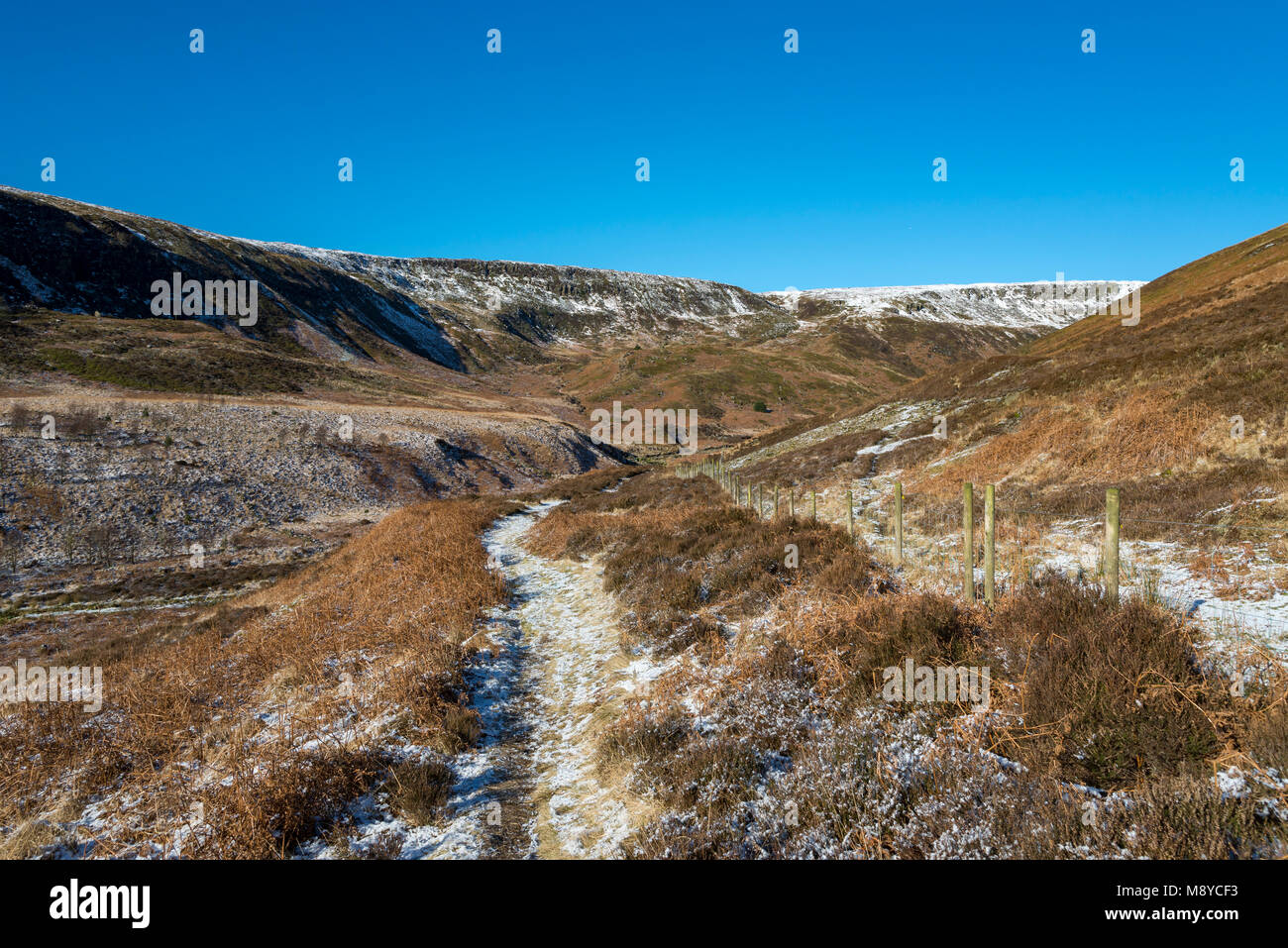 Footpath at Crowden on a beautiful winter day. View towards Laddow ...