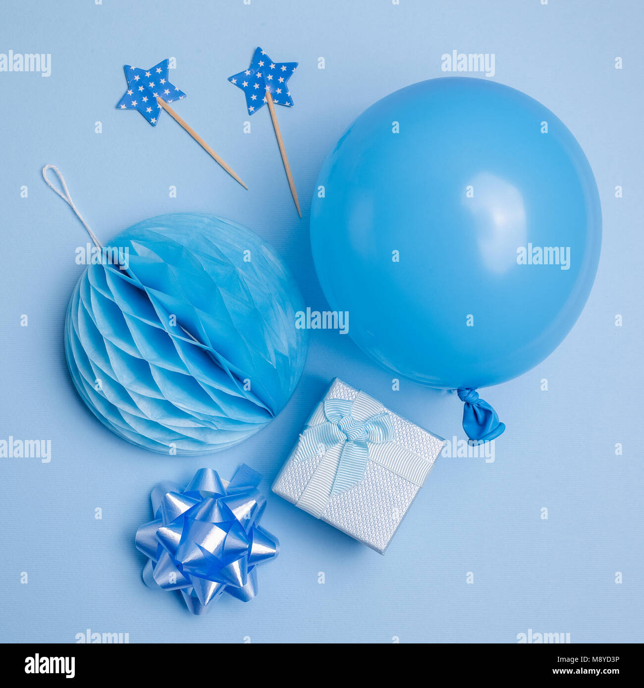 Party or birthday background. Balloon, gift box on blue background ...