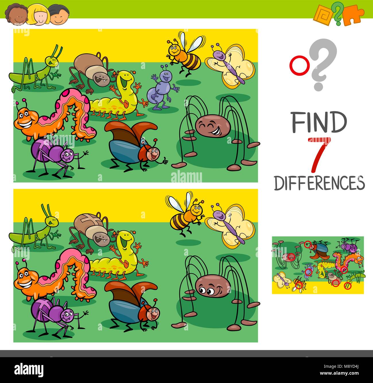 Cartoon Illustration of Finding Seven Differences Between Pictures Educational Activity Game for ...