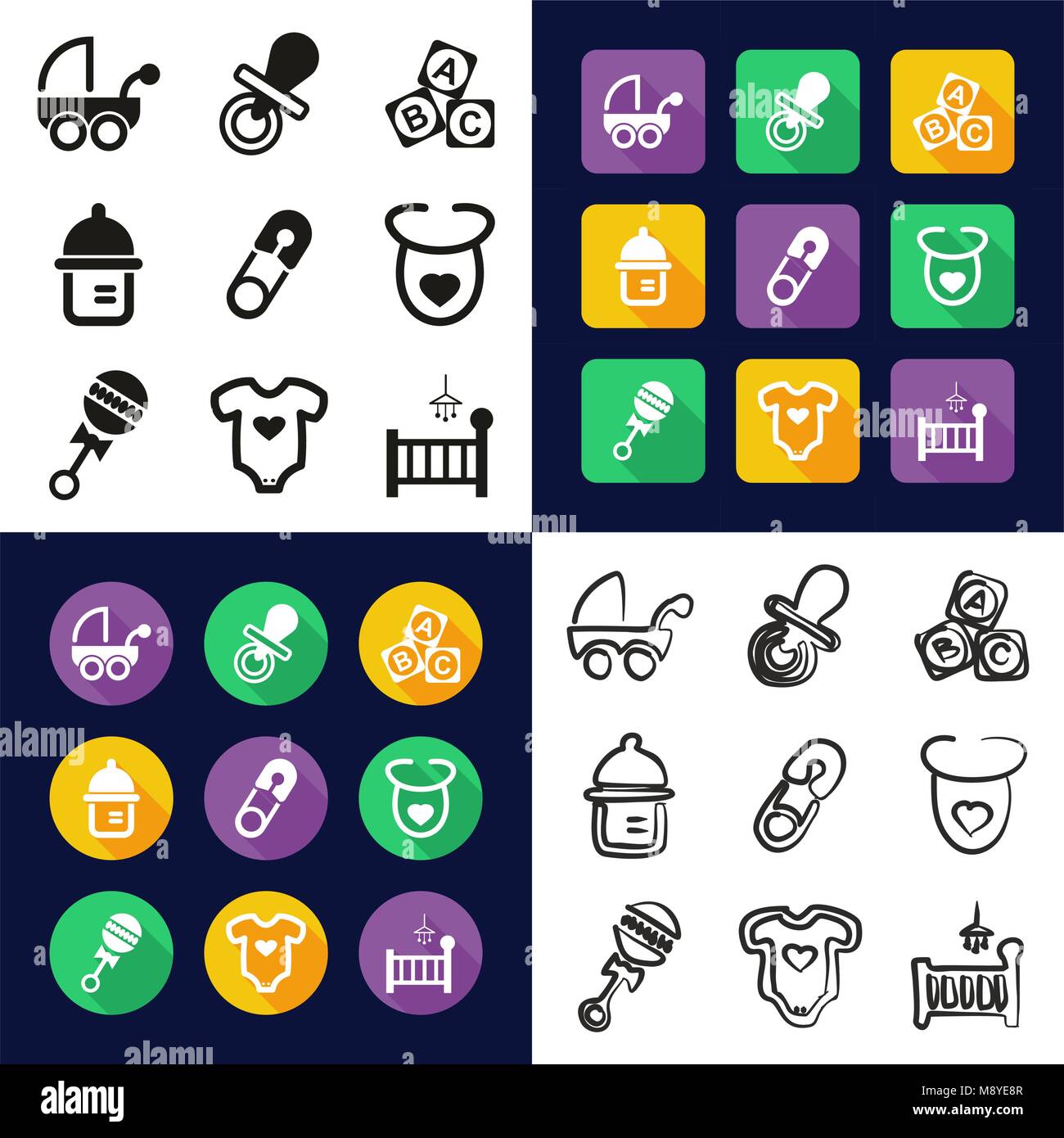 Baby Stuff All in One Icons Black & White Color Flat Design Freehand ...