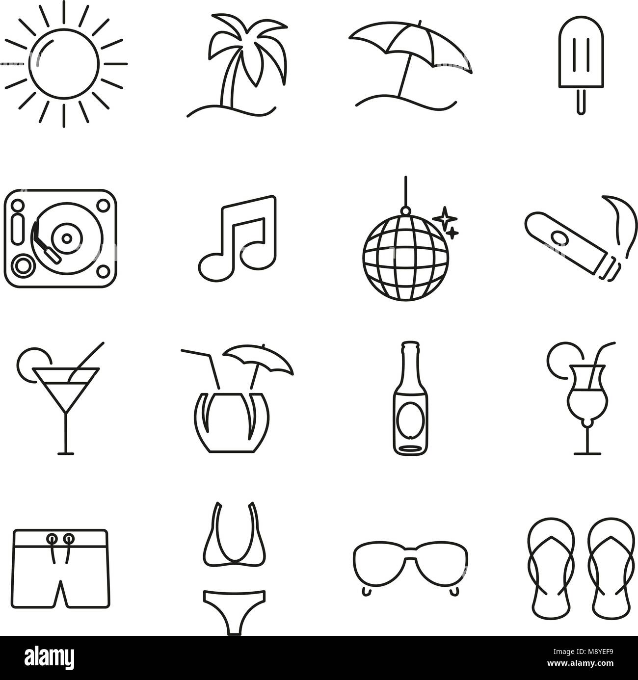 Beach Bar or Beach Party Icons Thin Line Vector Illustration Set Stock ...