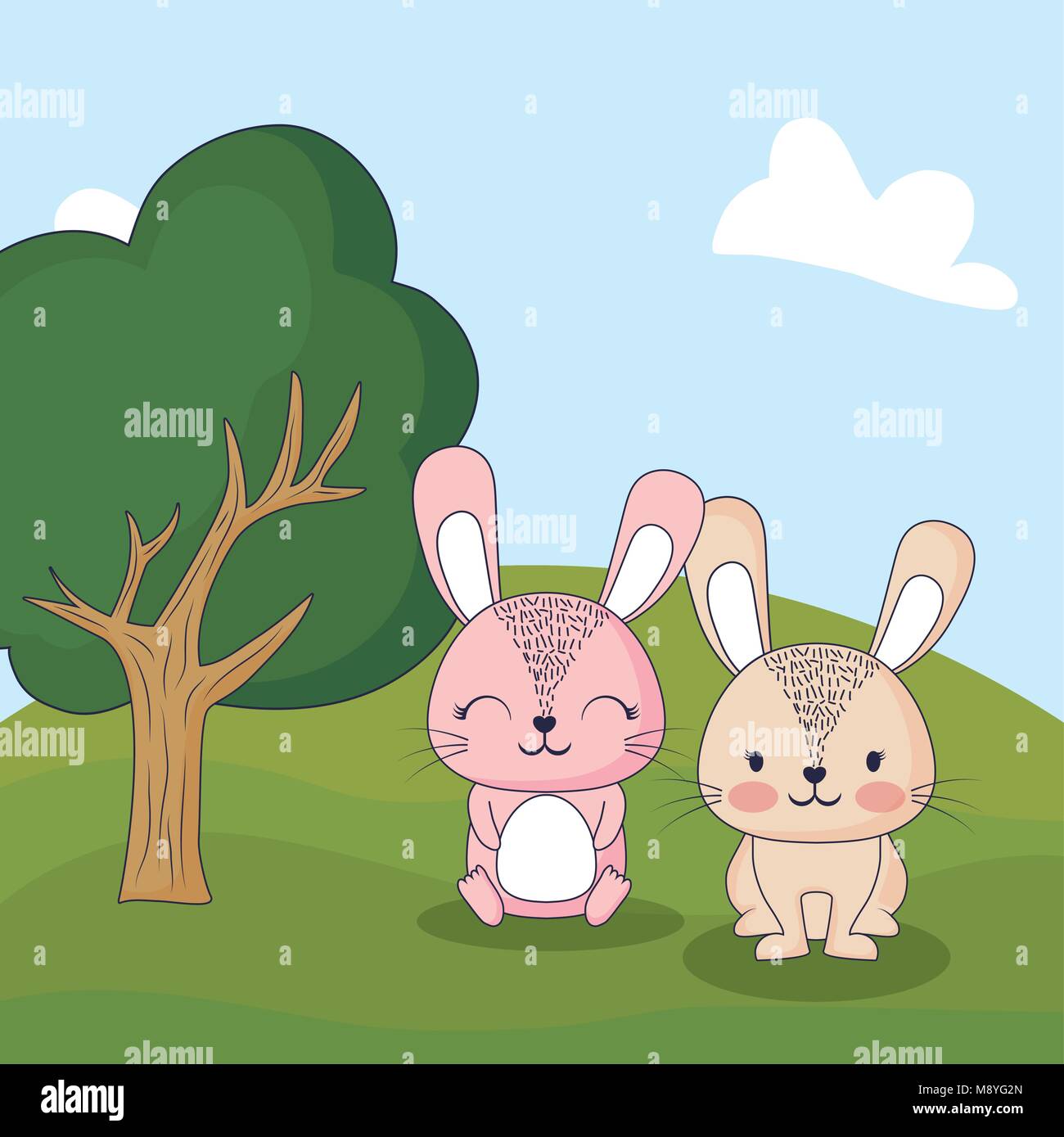 cute rabbits in a forest, colorful design. vector illustration Stock ...