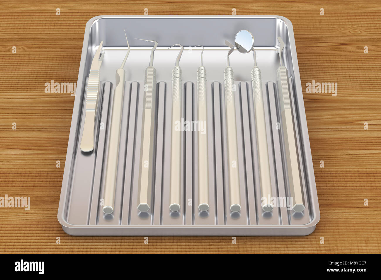 Dental instruments in metallic tray on the wooden table. 3D rendering ...