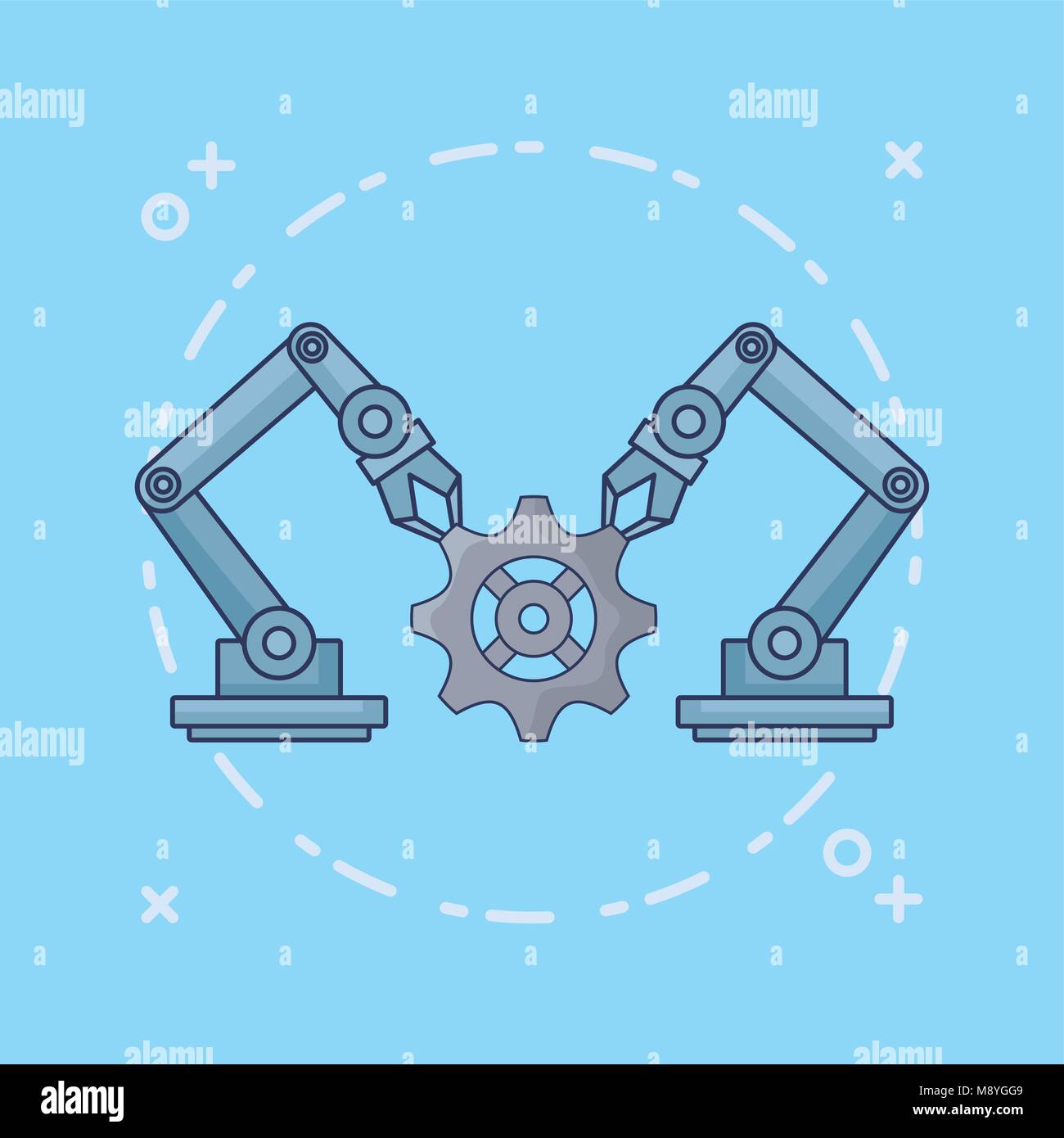 Robotic arms with gear wheel over blue background, colorful design ...