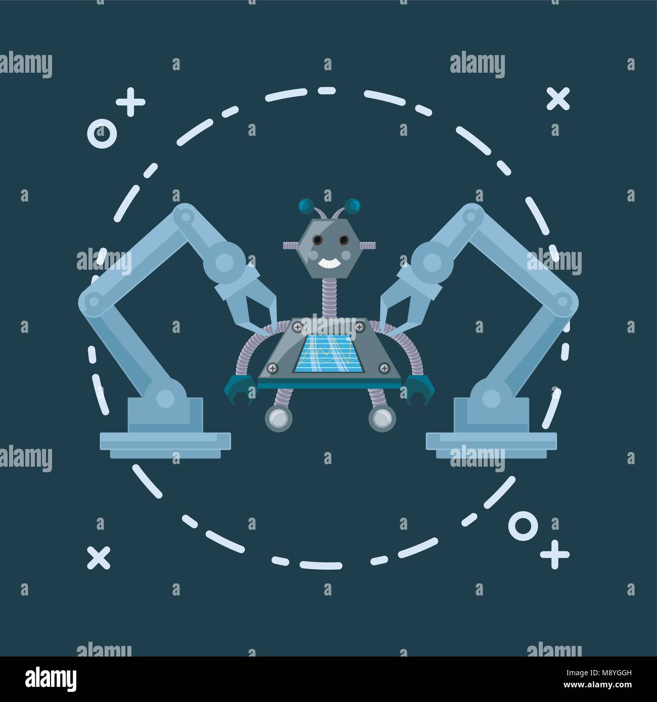 Robotic arms with cartoon robot over blue background, colorful design ...