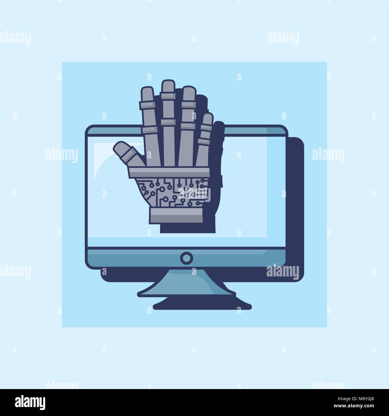 robotic hand and computer over blue background, colorful design vector ...