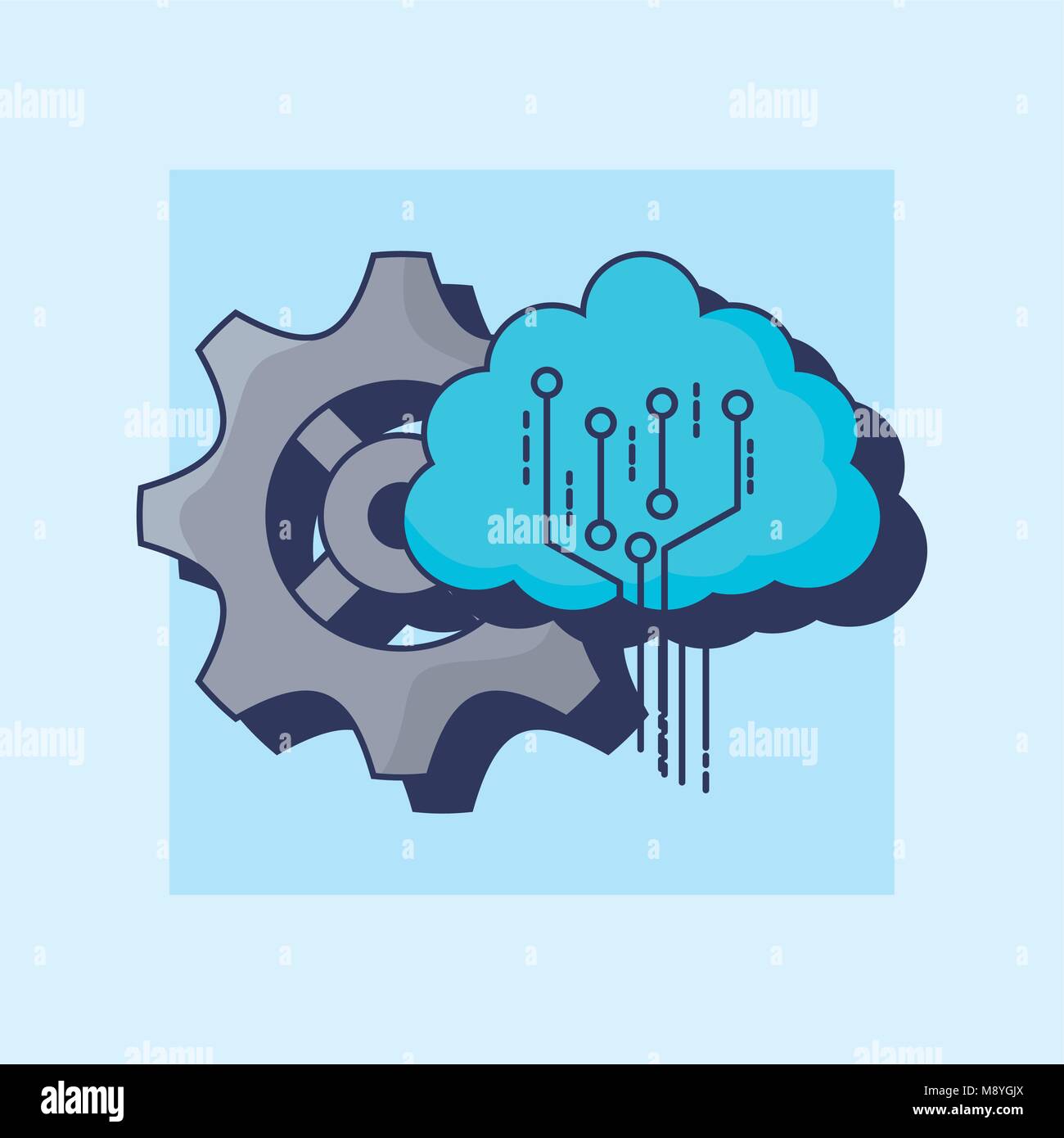 Artificial intelligence design with cloud and gear over blue background ...