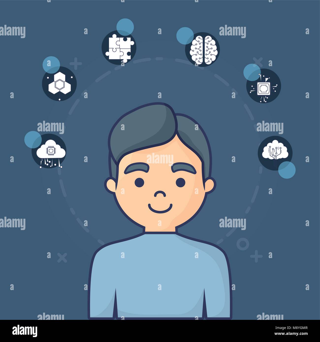 Cartoon man and Artificial intelligence around over gray background ...