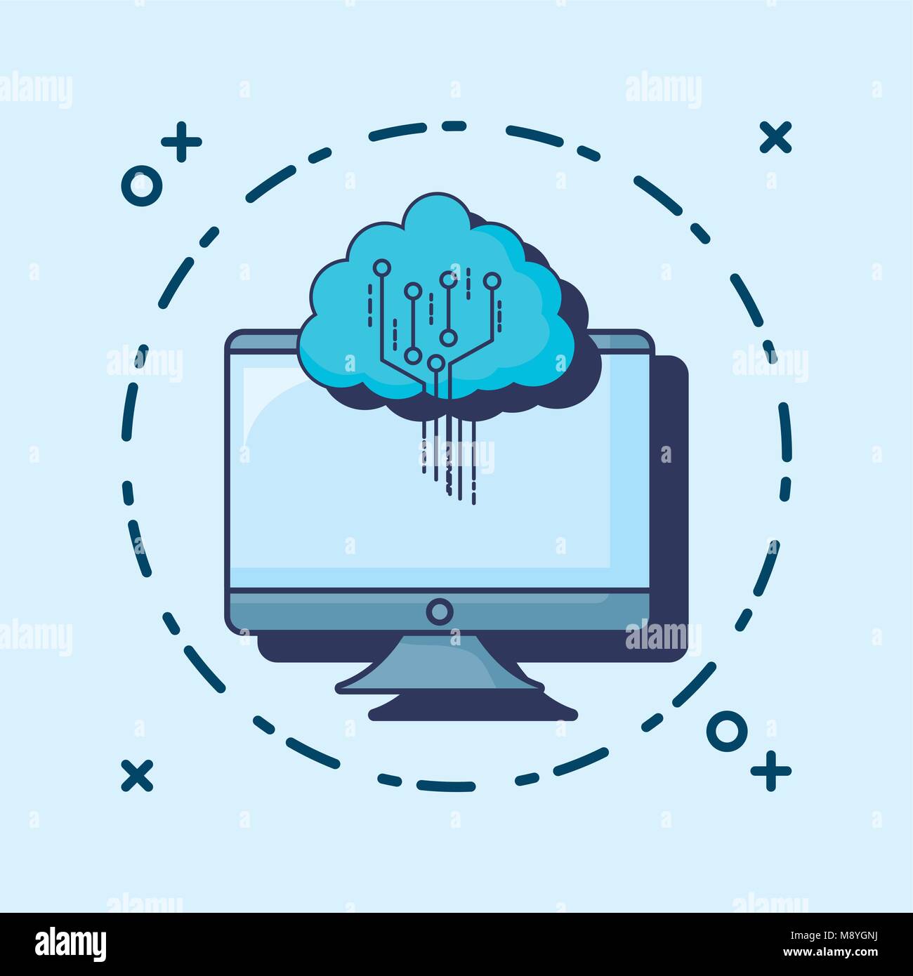 Computer with cloud storage icon over blue background, colorful deign ...