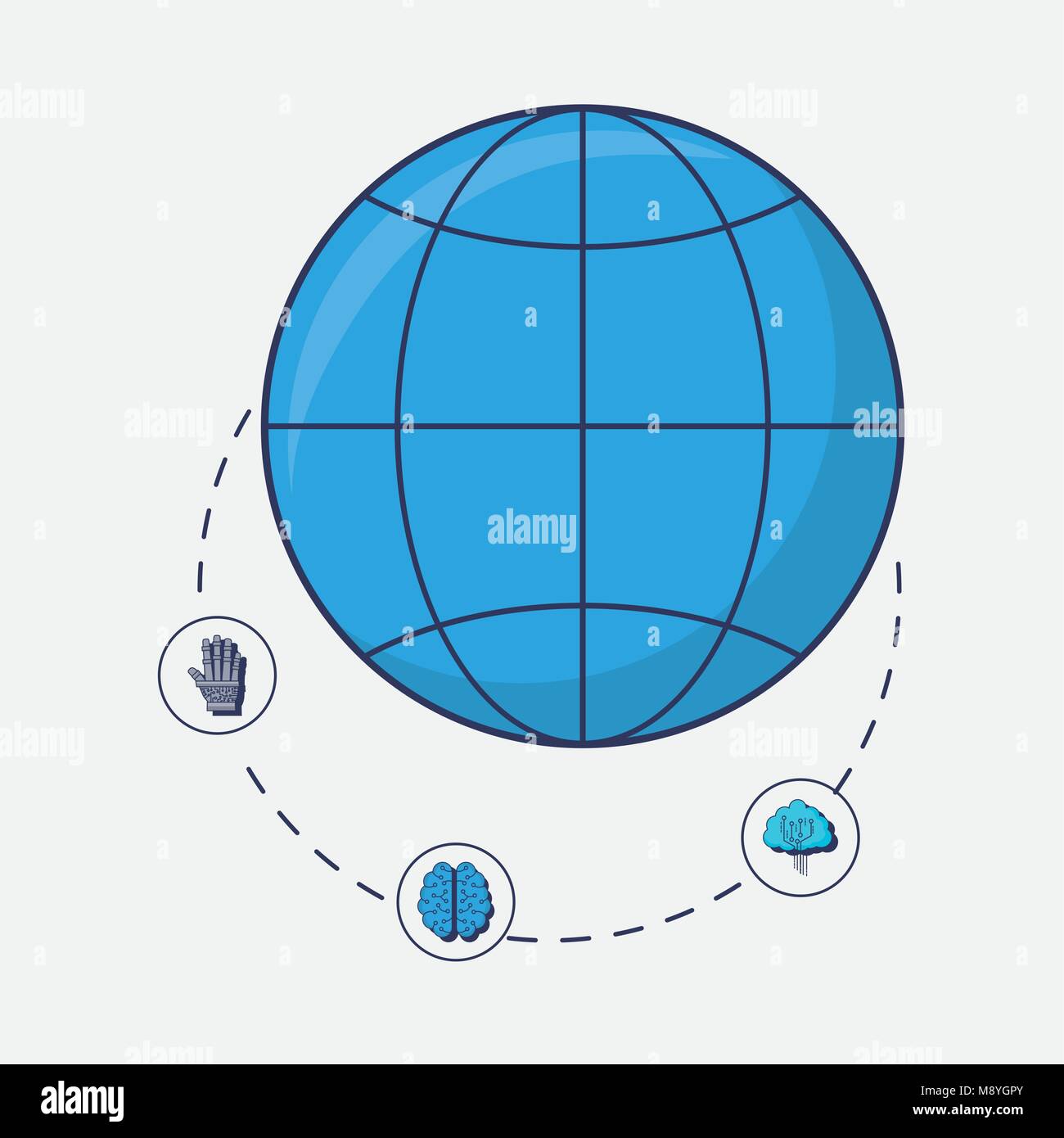 Artificial intelligence design with global sphere and related icons ...