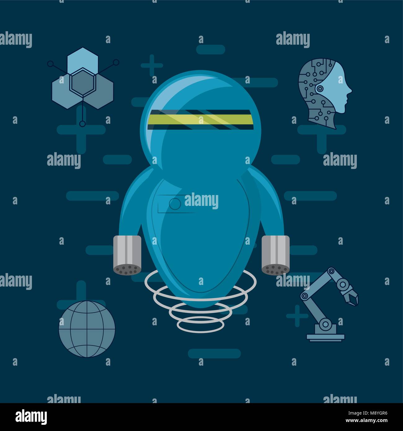 Robot with artificial intelligence related icons over blue background ...