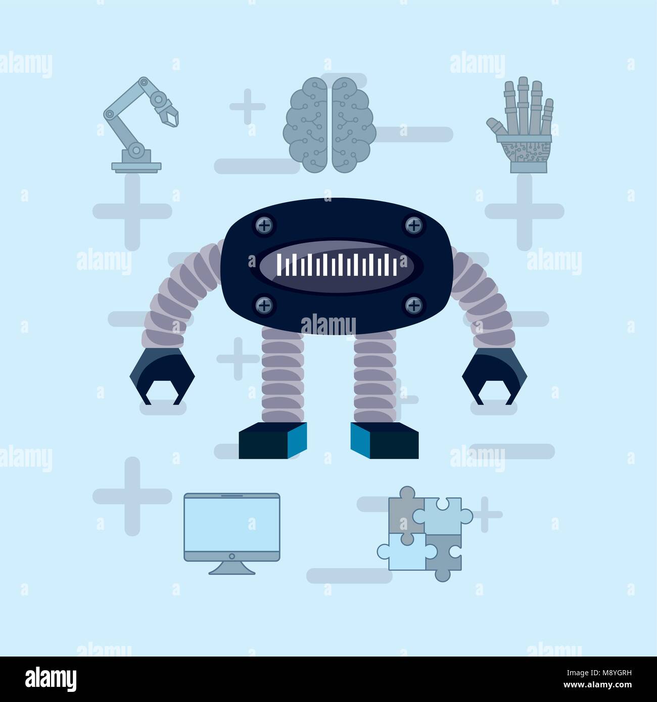 Robot with artificial intelligence related icons over blue background ...