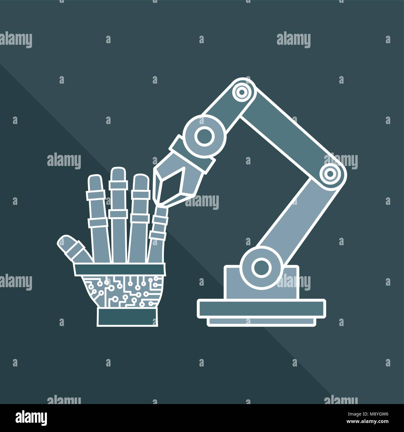 Robotic arm with robotic hand over blue background, colorful design ...