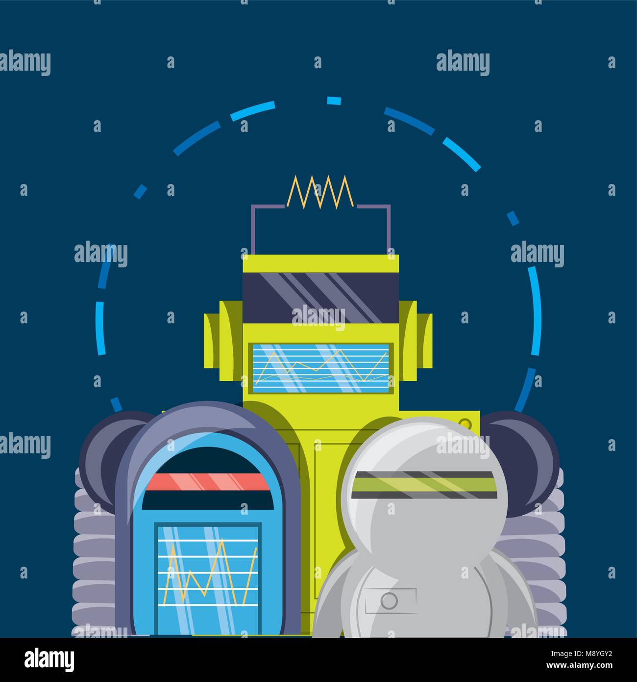 Robotic design with cartoon robots over blue background, colorful ...