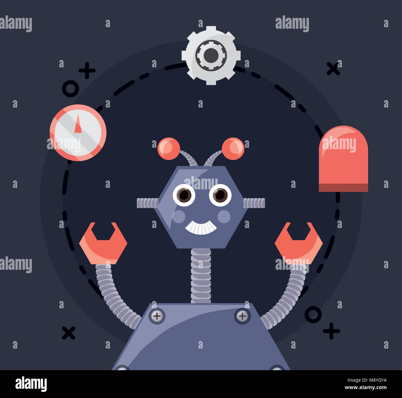 Robotic design with cartoon robot and related icons around over black ...