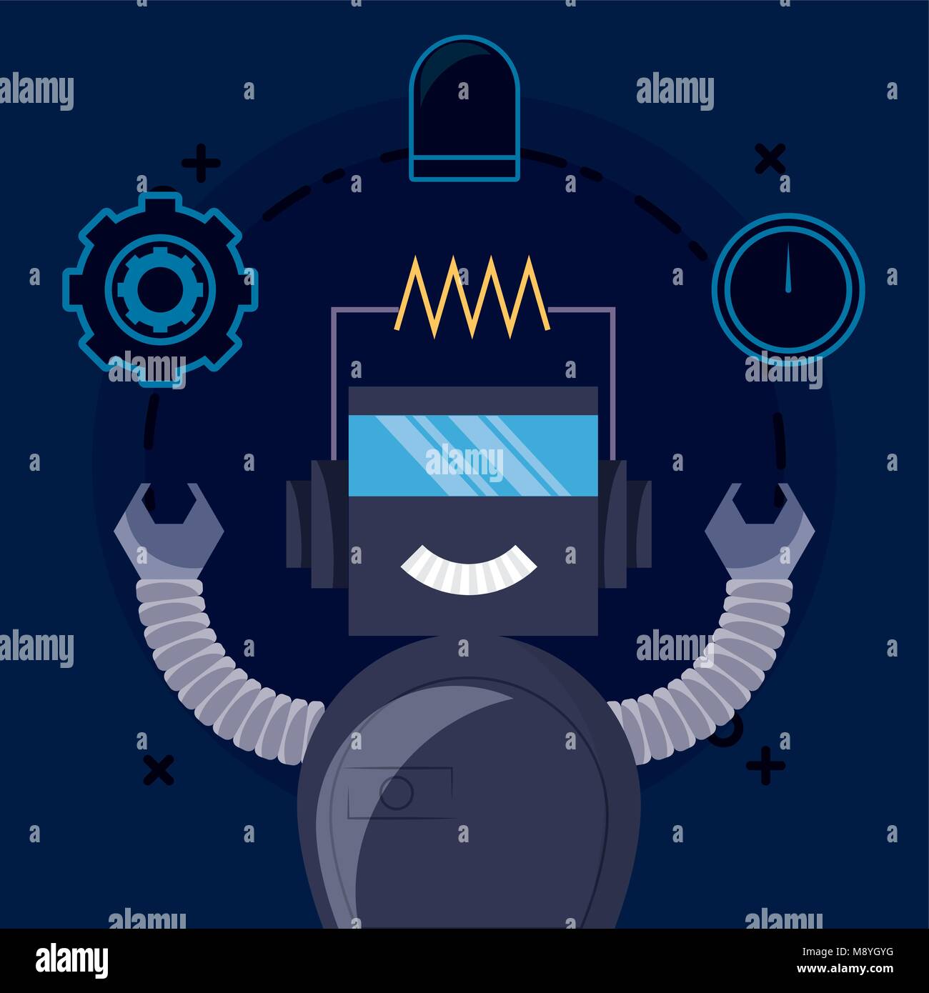 Robotic design with cartoon robot and related icons around over blue ...