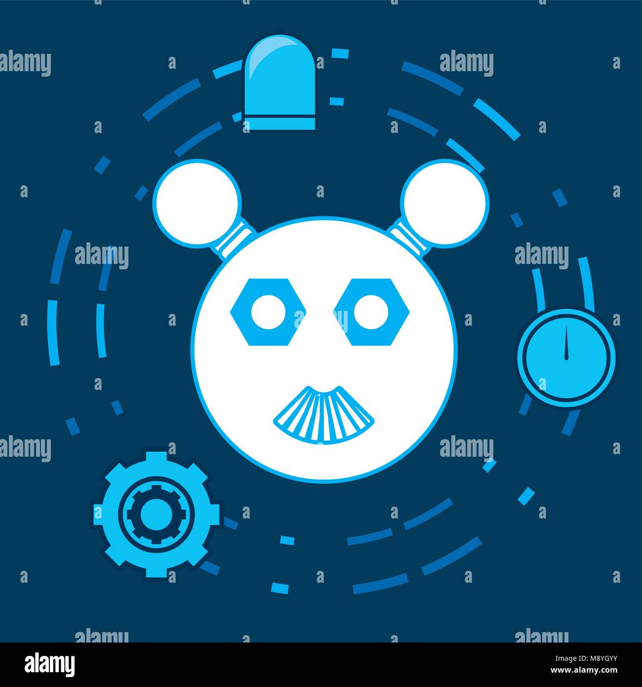 Decorative circular frame with cartoon robot head over blue background ...