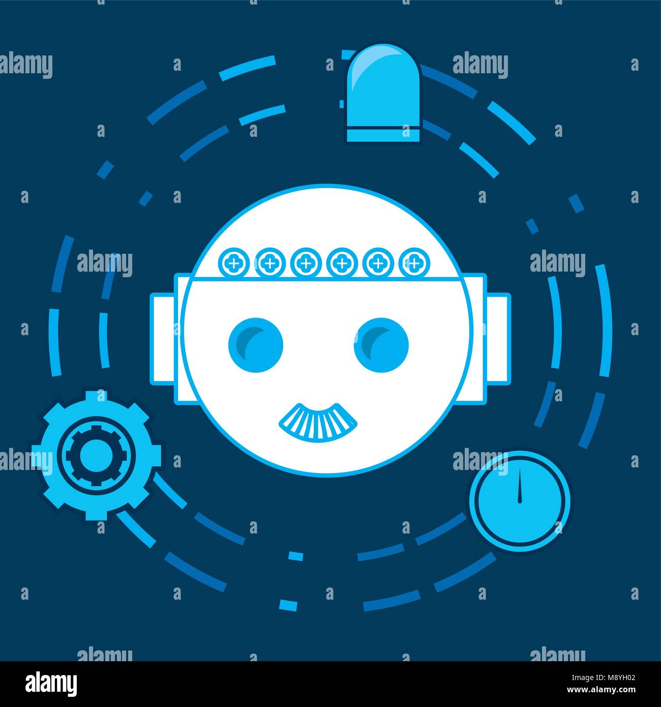 Decorative circular frame with cartoon robot head over blue background ...