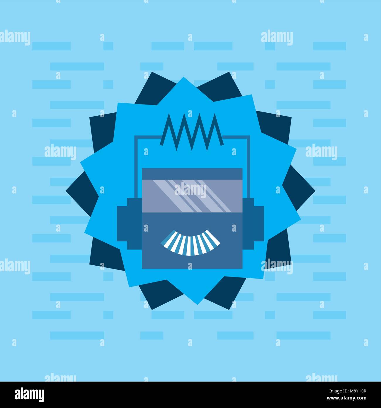 cartoon happy robot head over decorative frame and blue background ...