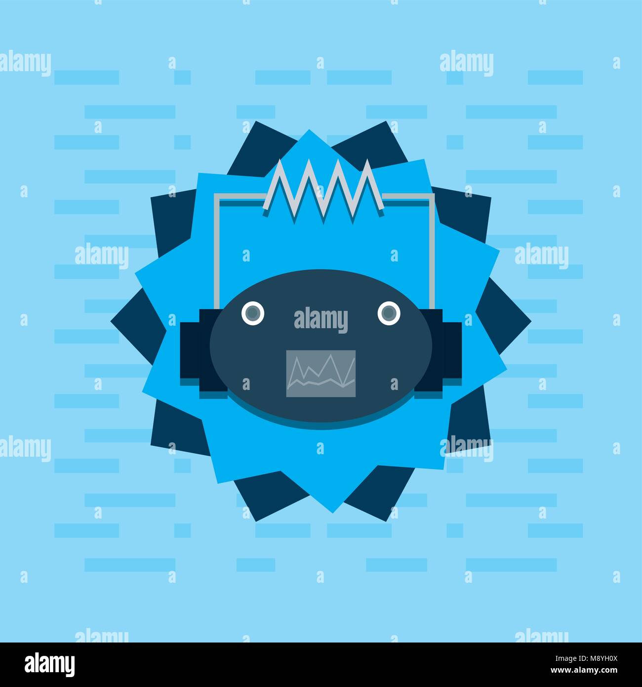 cartoon happy robot head over decorative frame and blue background ...