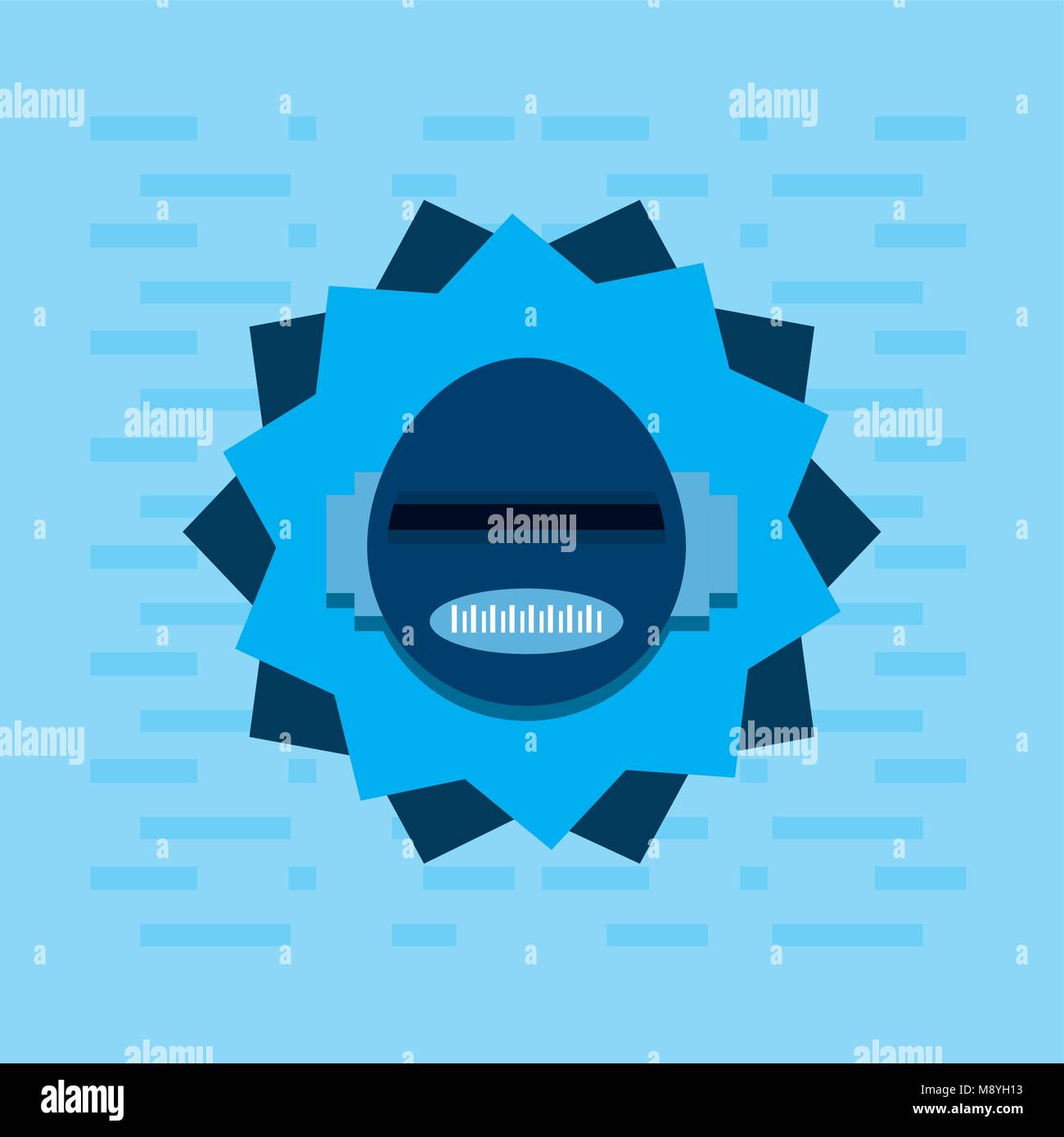 cartoon robot head over decorative frame and blue background, colorful ...