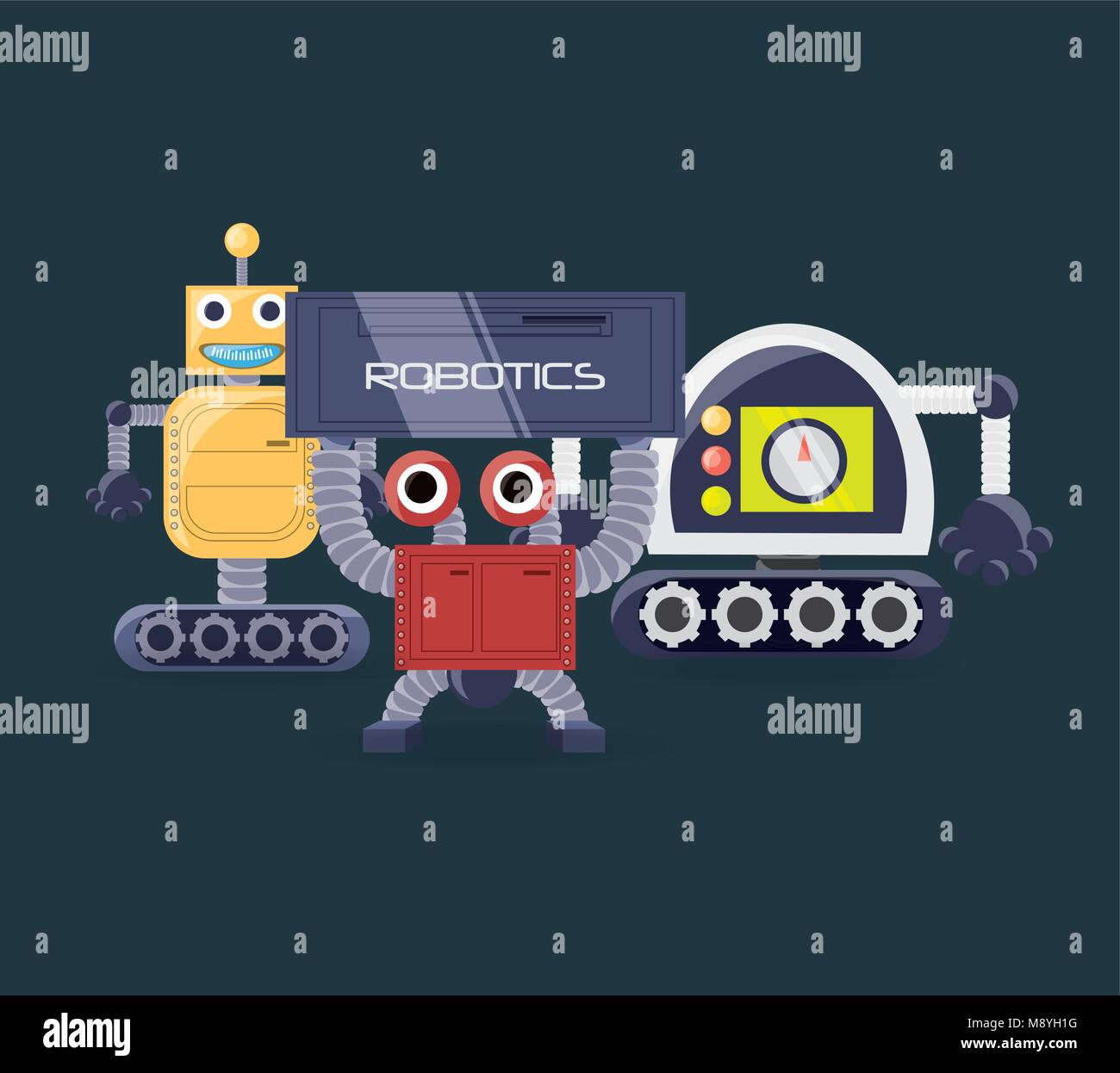 Robotic design with cartoon happy robots over gray background, colorful ...