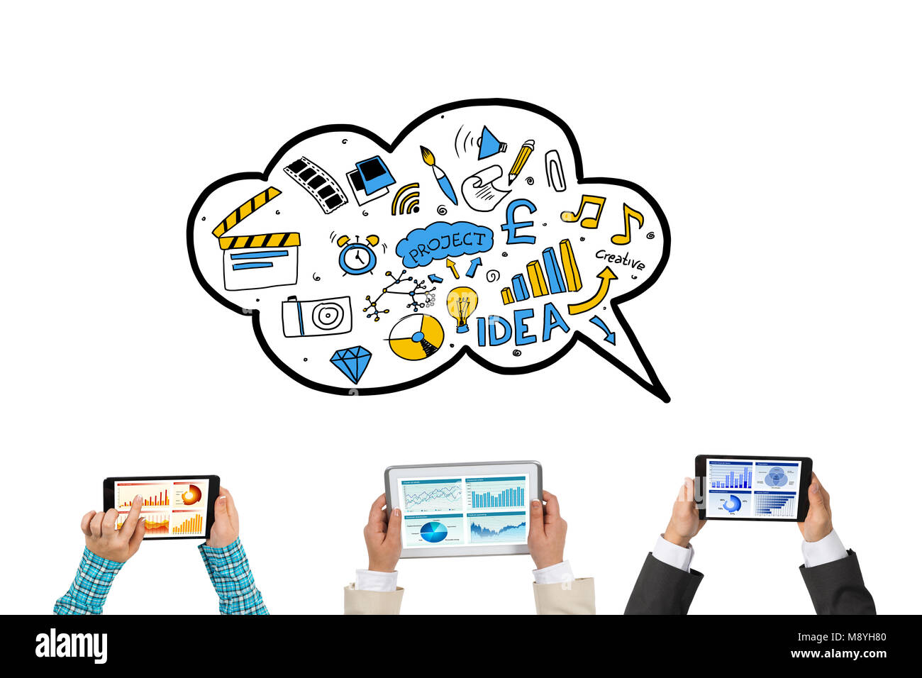 Group of three people with devices in hands working together as symbol ...