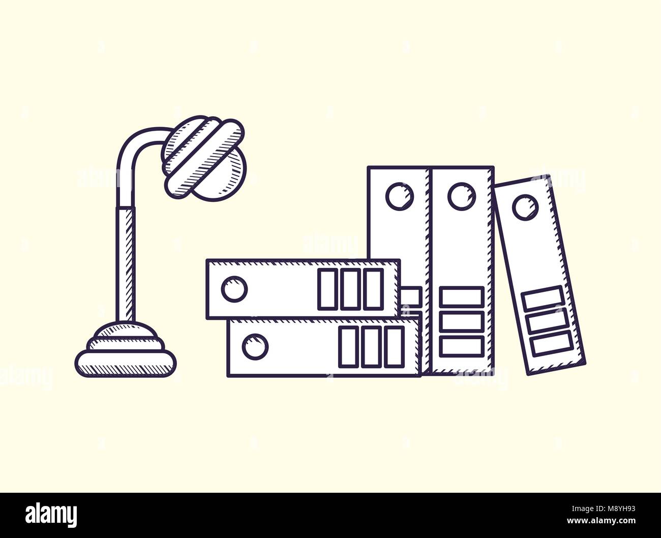 document binders and desk lamp over yellow background, sketch design ...