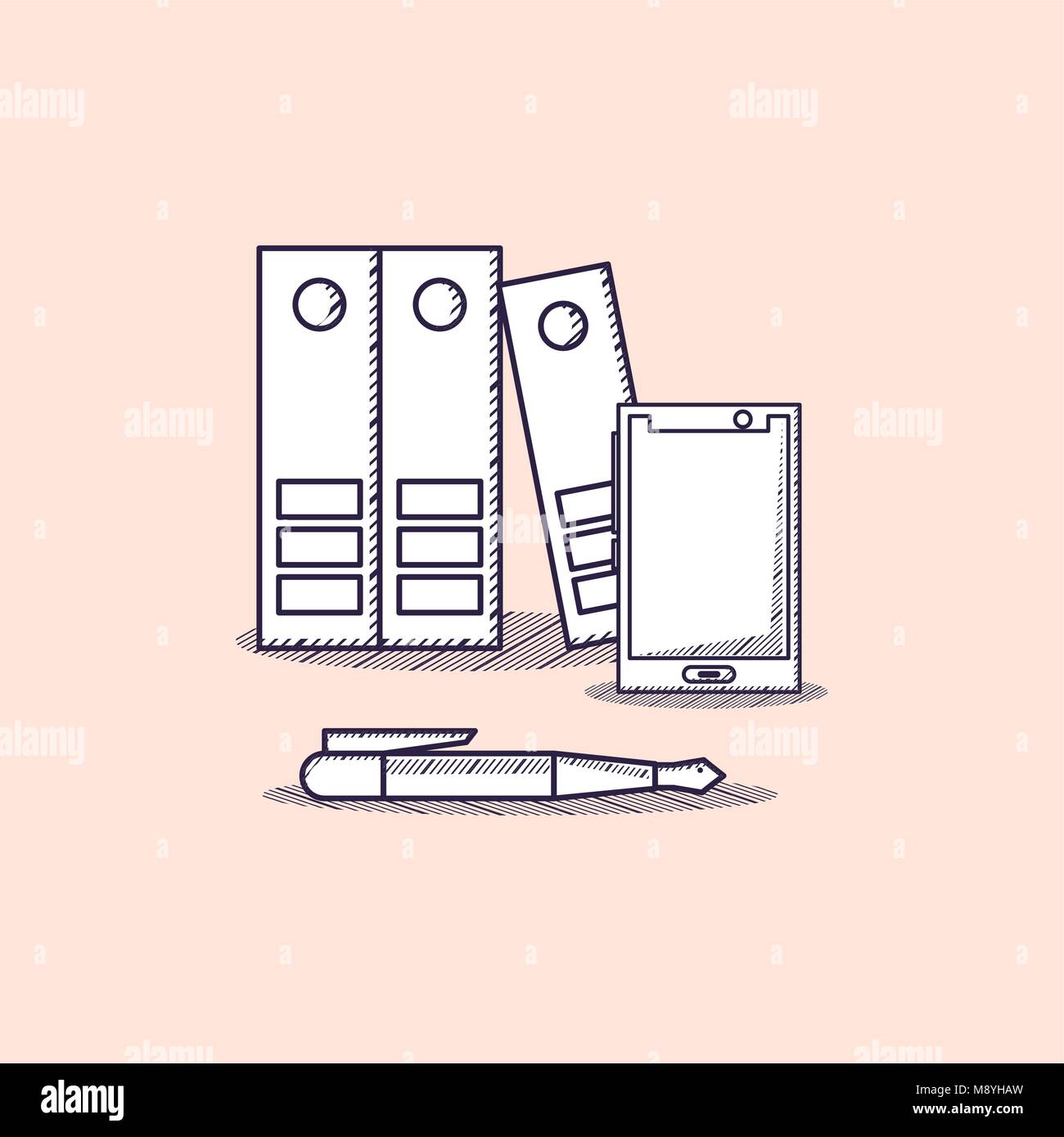 document binders with smartphone and pen over orange background, sketch ...