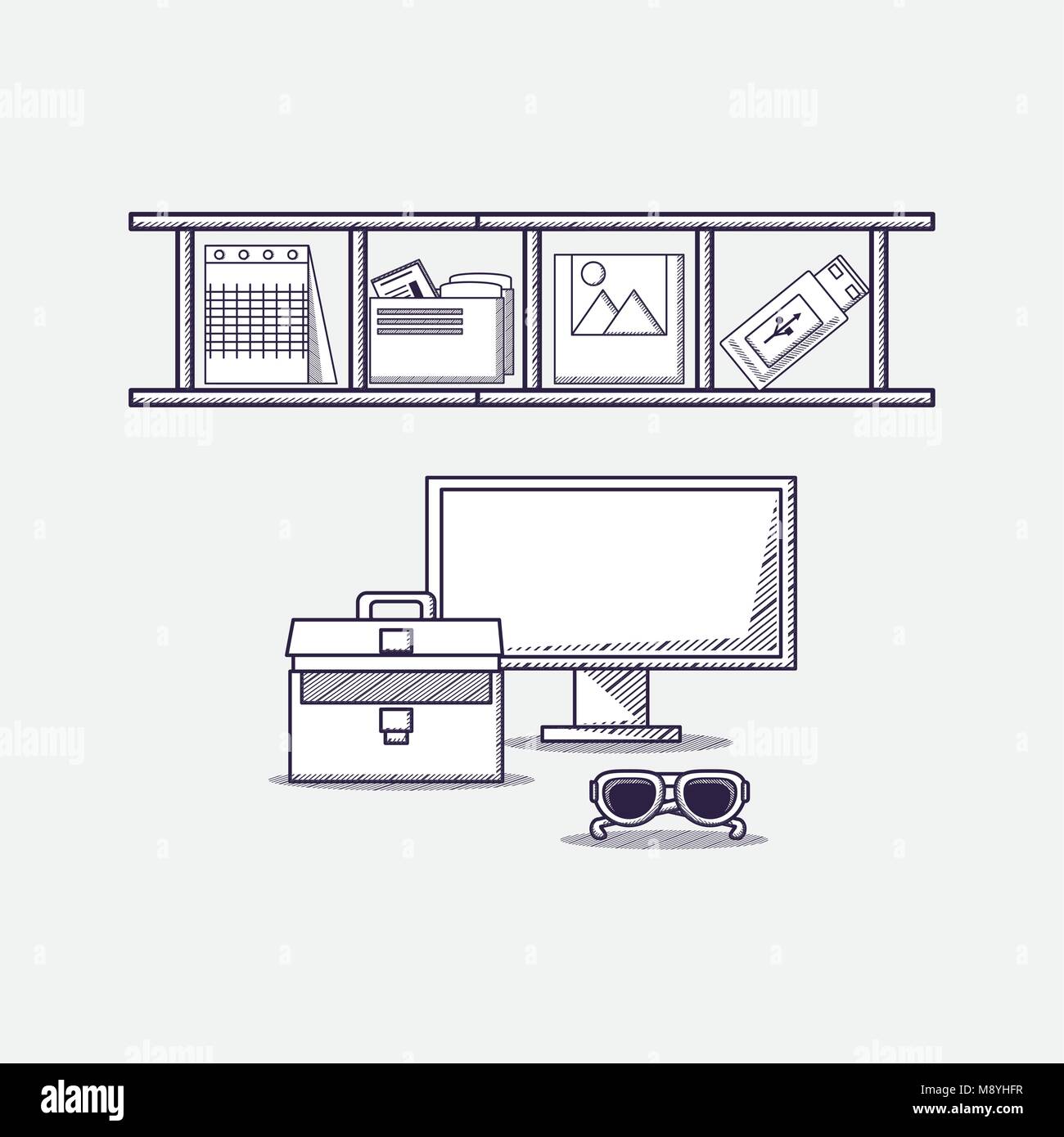 Office supplies design with shelves with objects and computer with ...