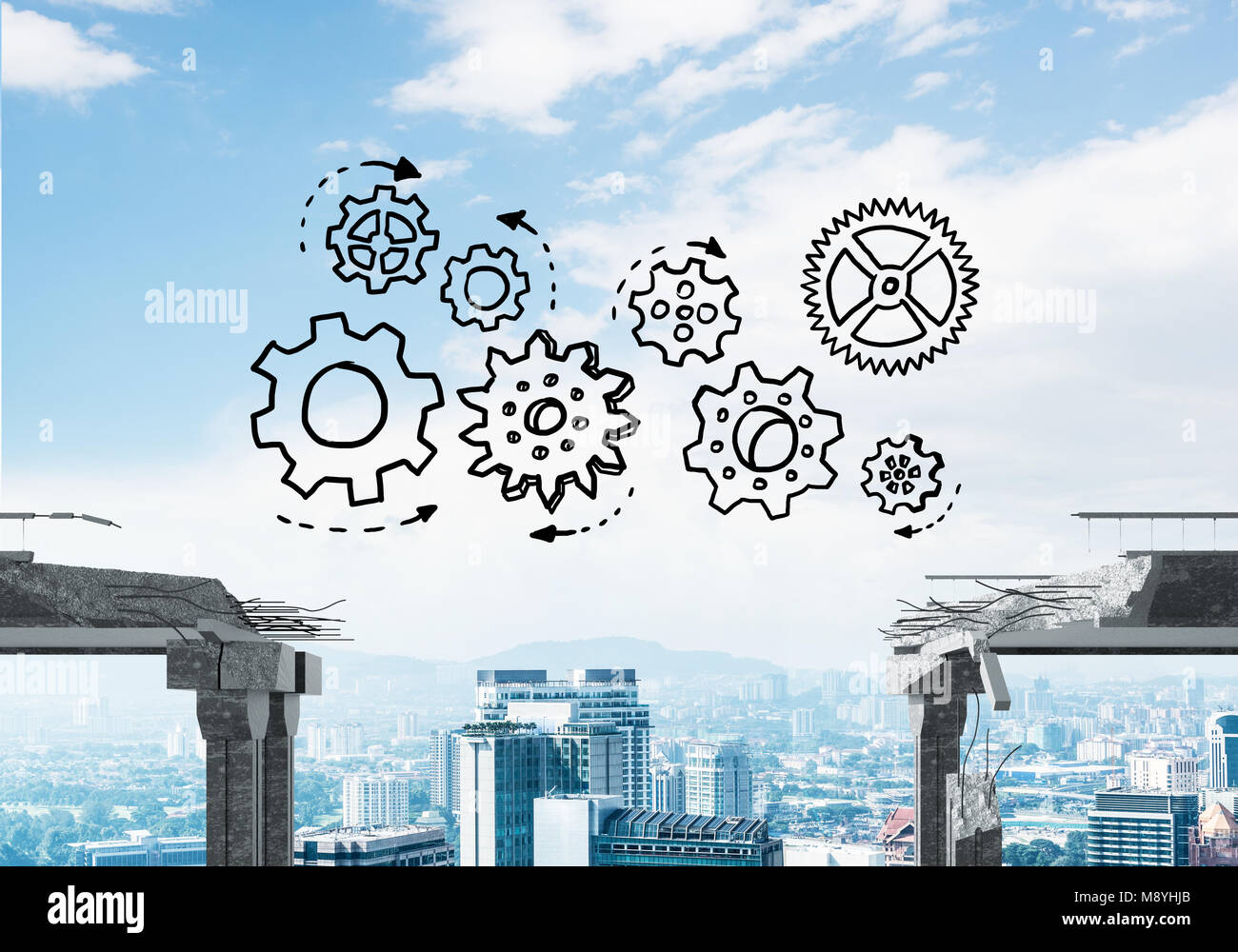Sketched gear mechanism over gap in concrete bridge as symbol of ...