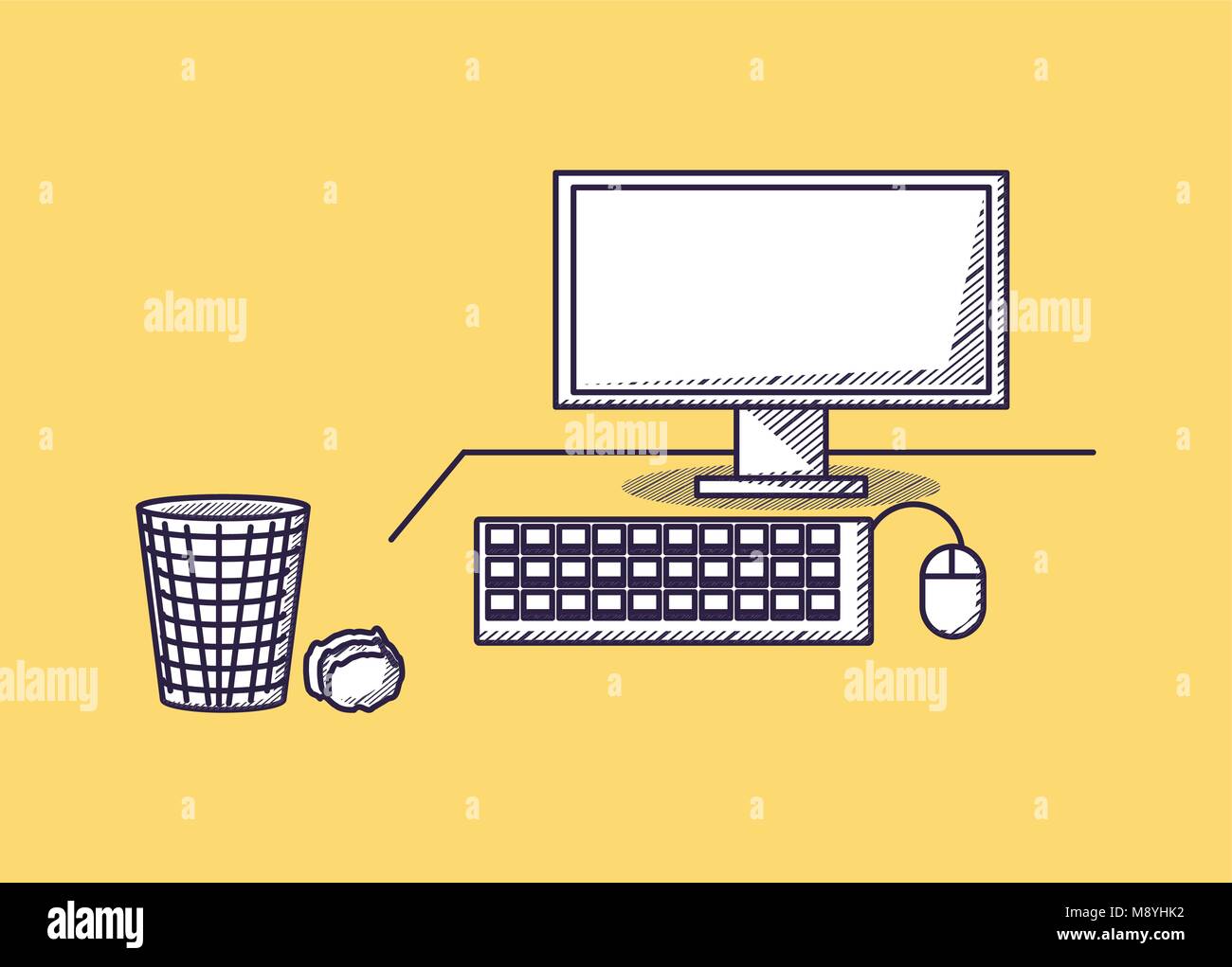 Office supplies design with computer and trash bucket over yellow ...