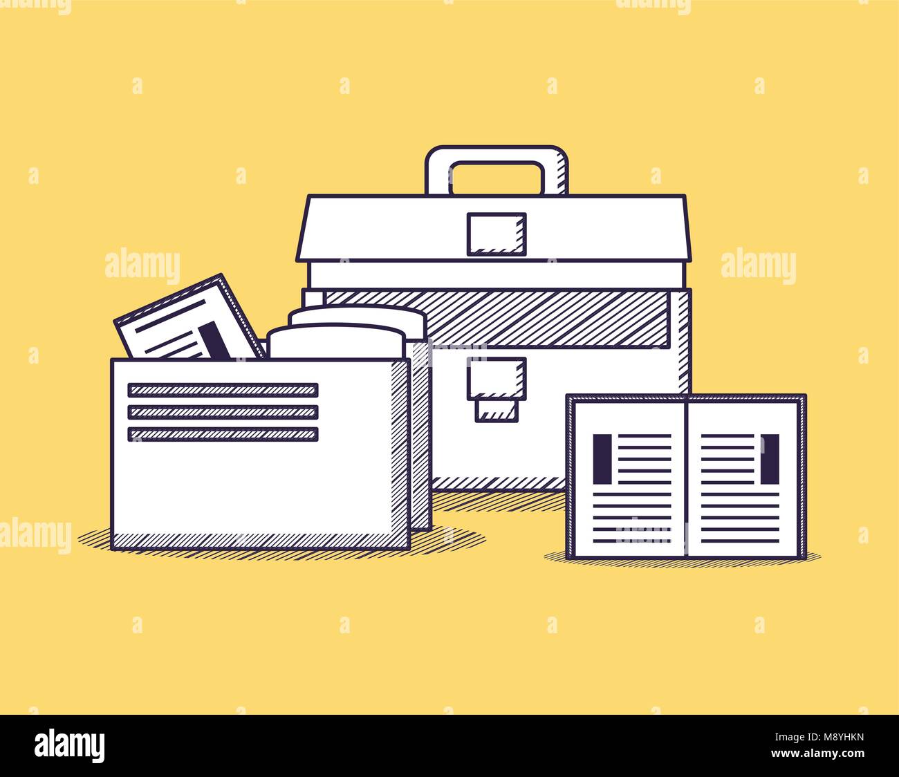 briefcase and folder with documents over yellow background, sketch ...