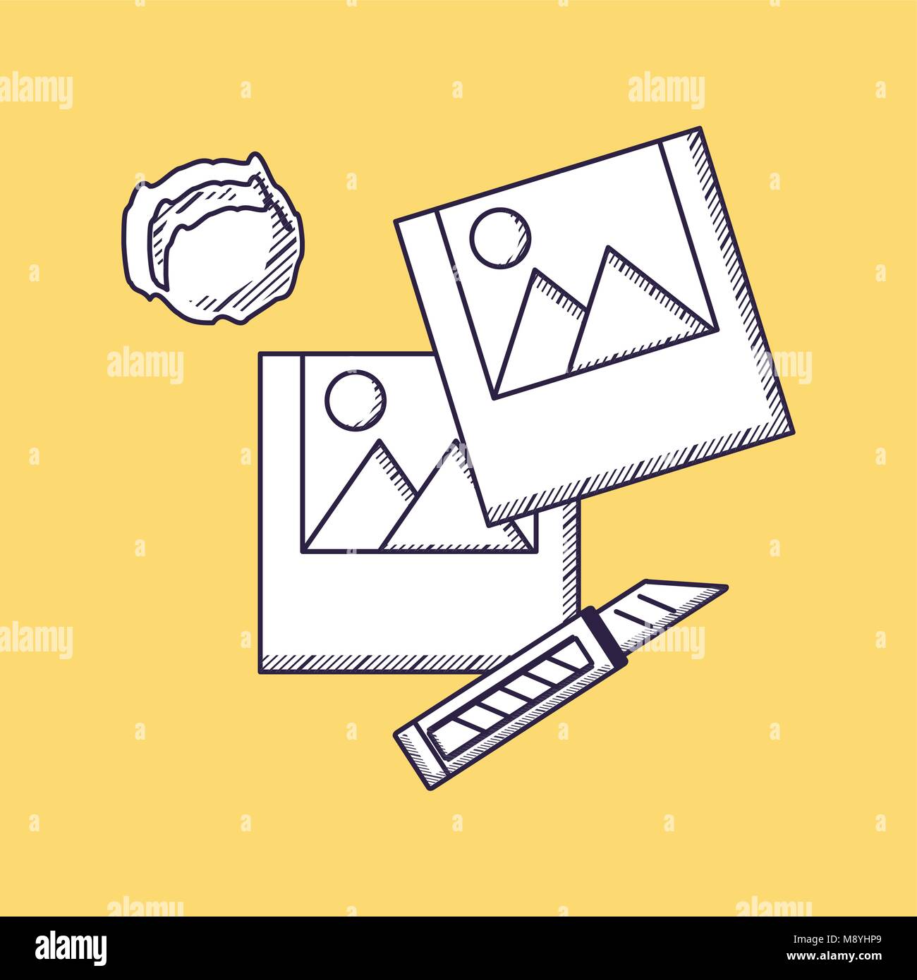 pictures and bistoury over yellow background, sketch design vector ...