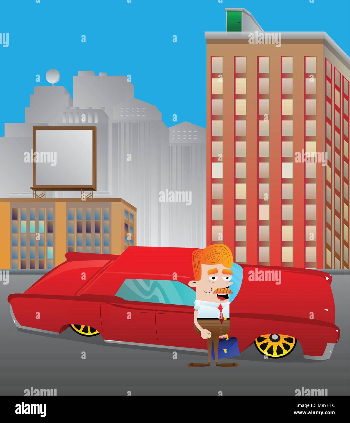 Cartoon businessman standing in front of a red car in the city. Concept ...