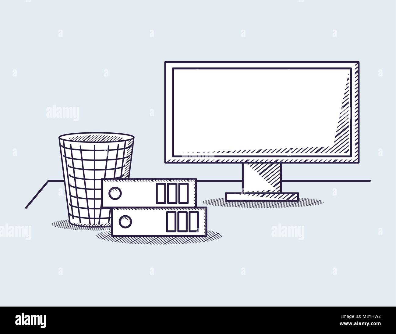 Office supplies design with computer and trash bucket over white ...