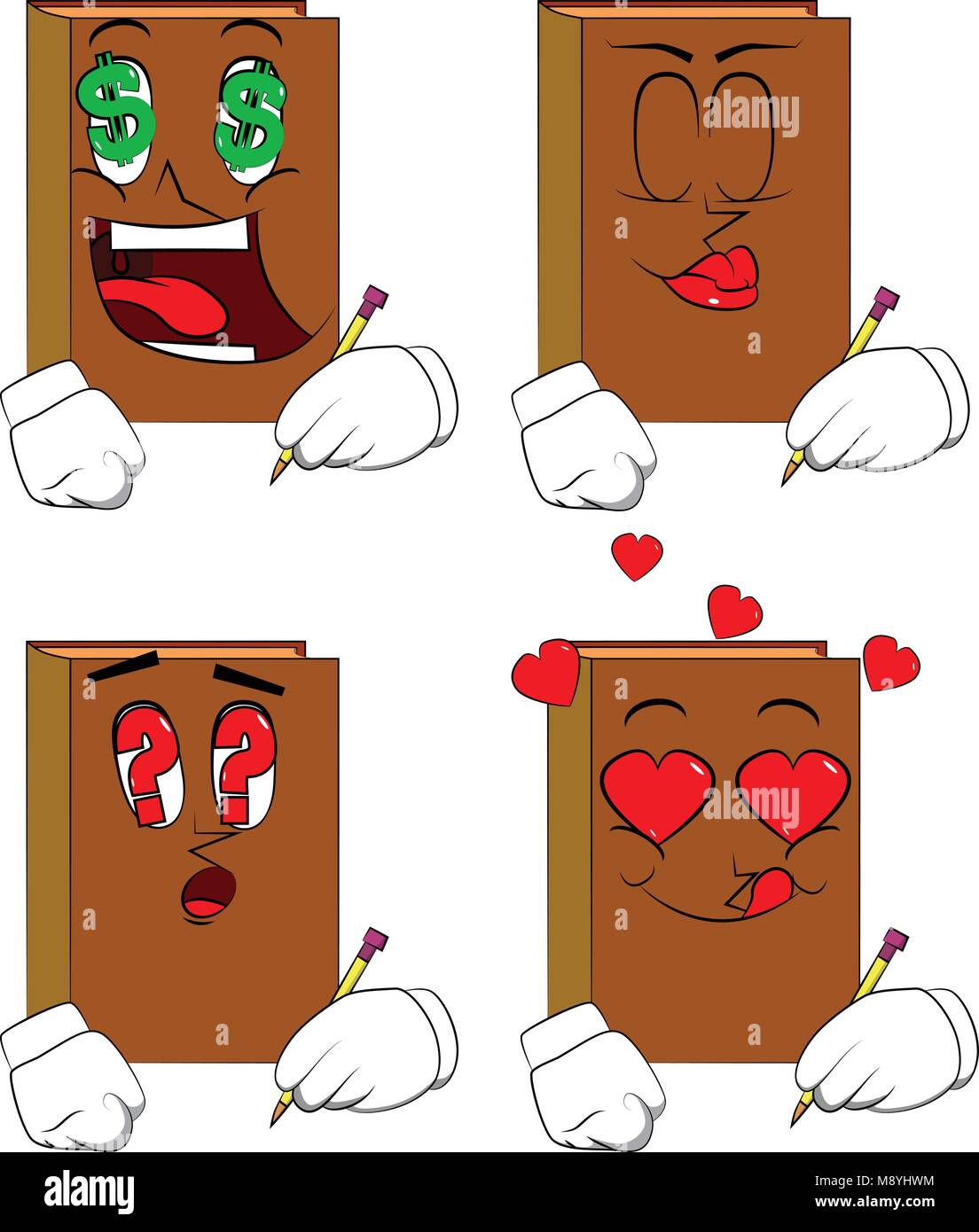 Books writing with pencil. Cartoon book collection with various faces ...