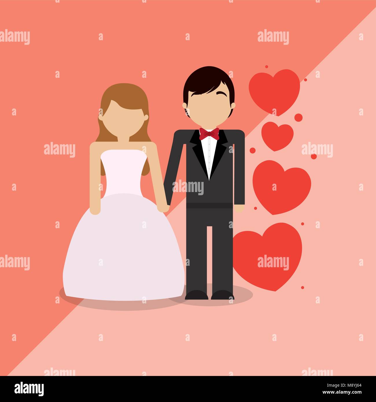 avatar wedding couple and decorative hearts over colorful background ...