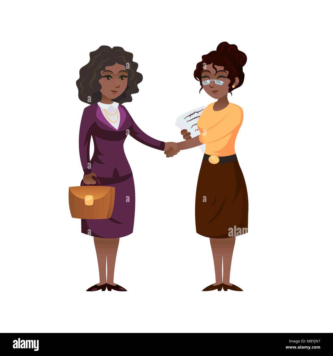 Two black business women making a deal and shaking hands on white ...