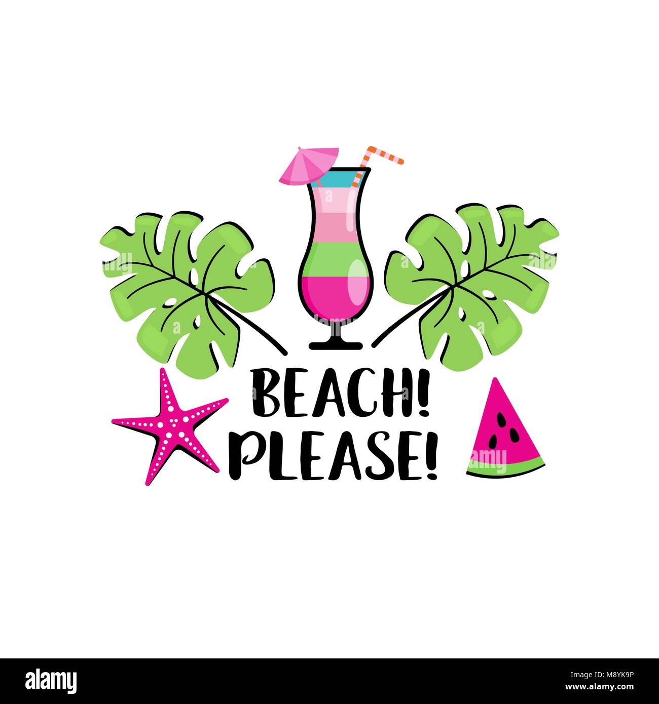 Beach please phrase with palms, starfish, cocktail and watermelon Stock ...