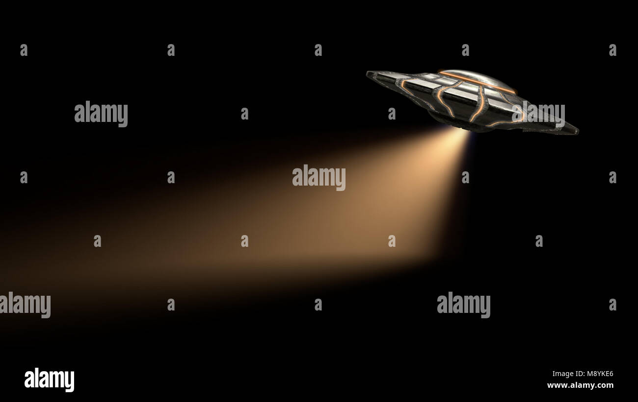 UFO, alien spaceship with bright light beam, flying saucer over empty ...