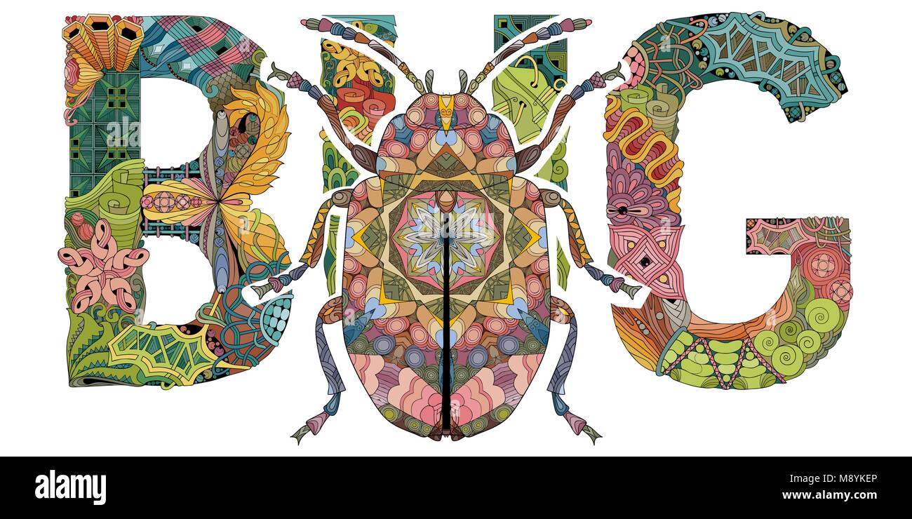 Hand-painted art design. Hand drawn illustration word BUG for t-shirt ...
