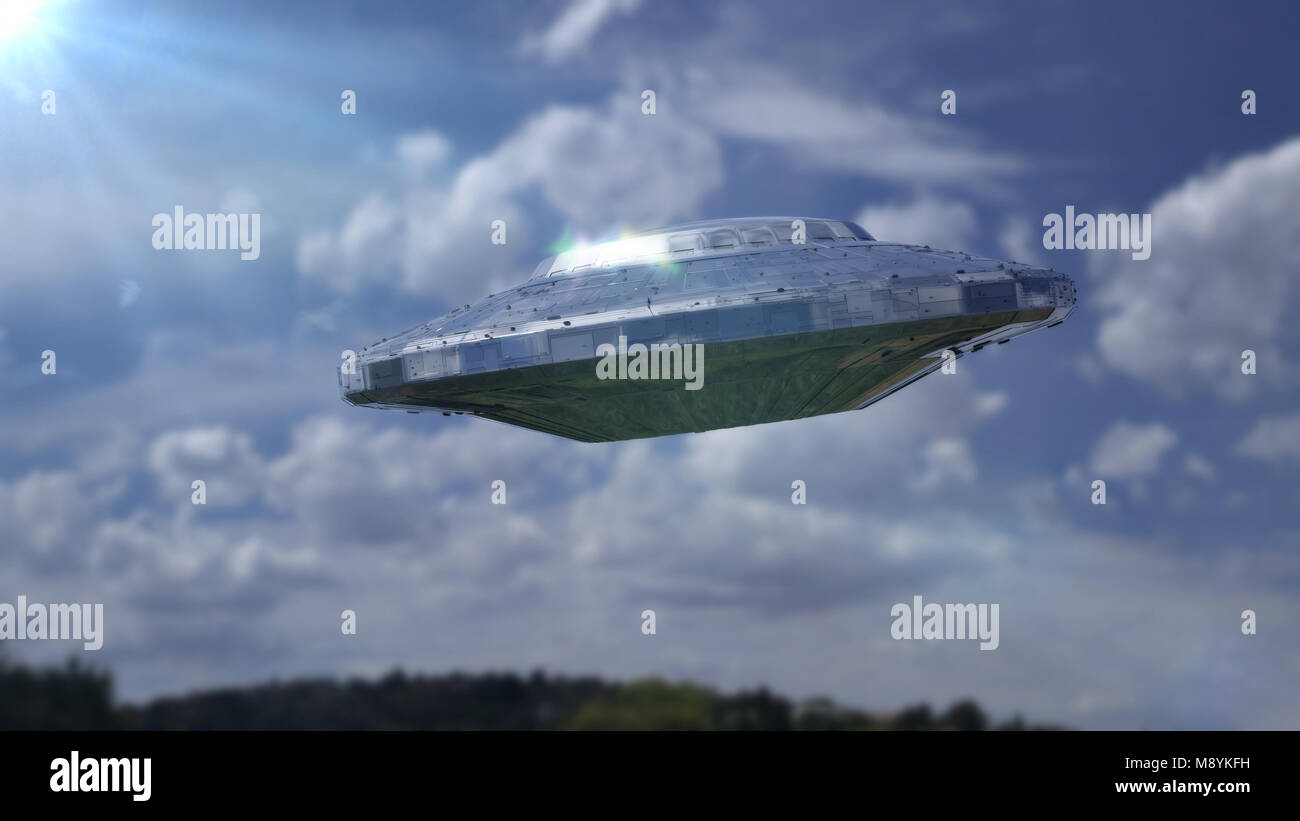 UFO, alien spaceship, extraterrestrial visitors in flying saucer (3d ...