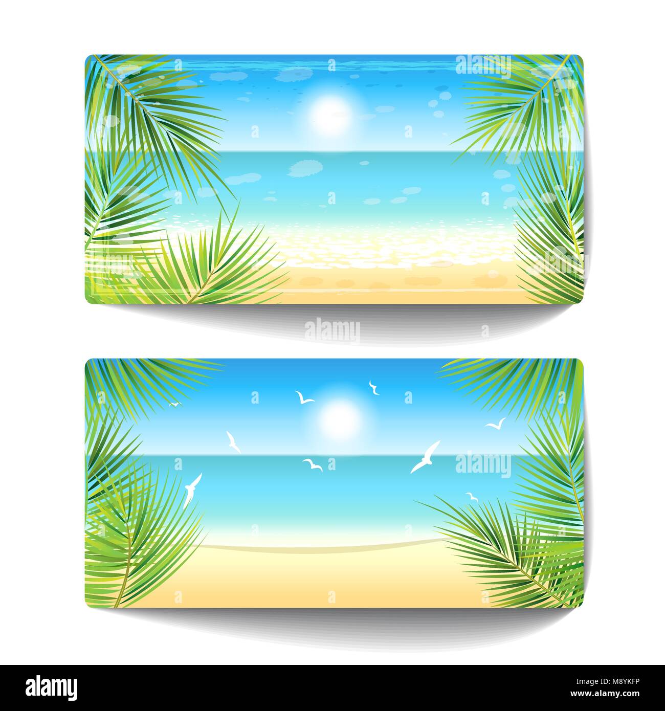 Two banners of sand beach at sunset time. Vector illustration Stock ...