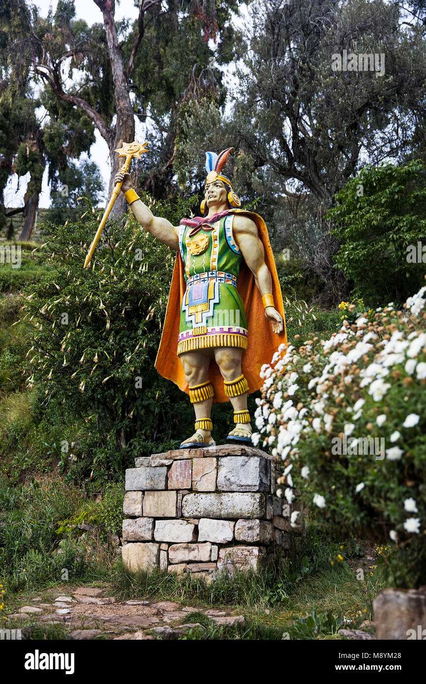Inca warrior statue at Isla del sol on Titicaca lake in Bolivia Stock ...