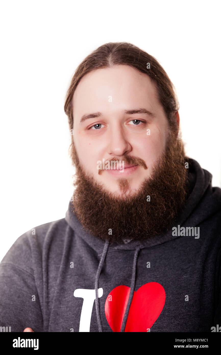 Close Up of long beard and mustache student isolated on white ...