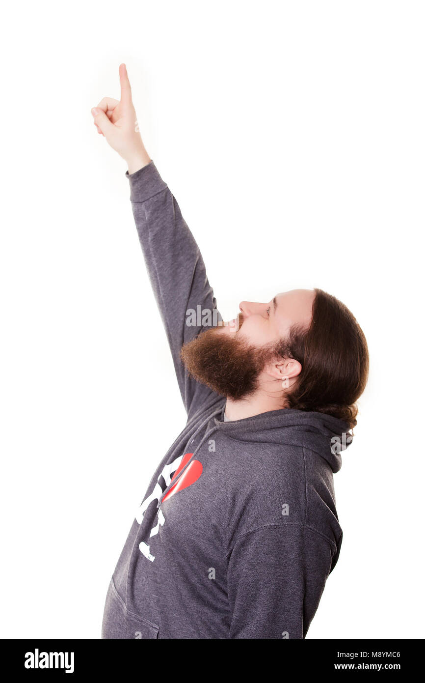Side view of a bearded man with a raised hand, human looking up Stock ...